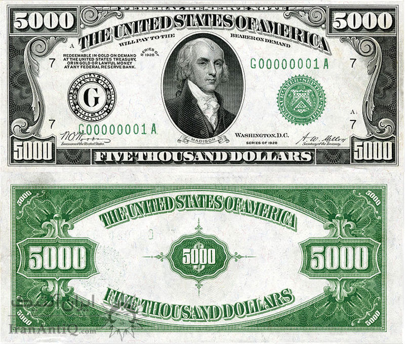 معرفی و مشخصات اسکناس 5000 دلار (five thousand dollars)
